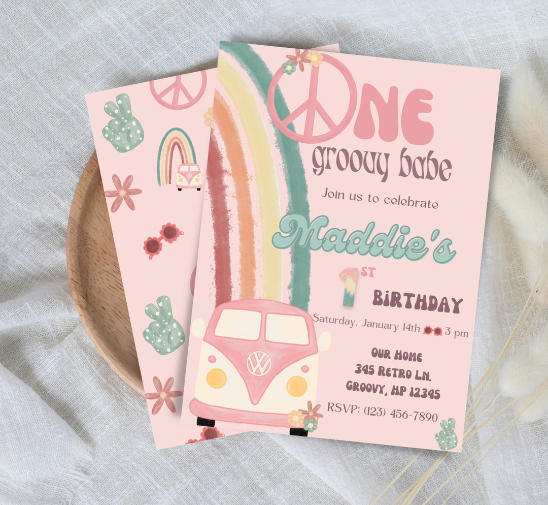 One Groovy Babe Birthday Invitation - First Birthday, Rainbow, Boho ...