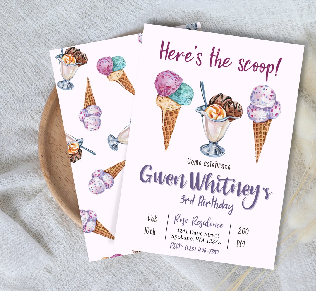 Here's the Scoop Birthday Invitation - Ice Cream, Fun, Sweet, Sprinkles ...