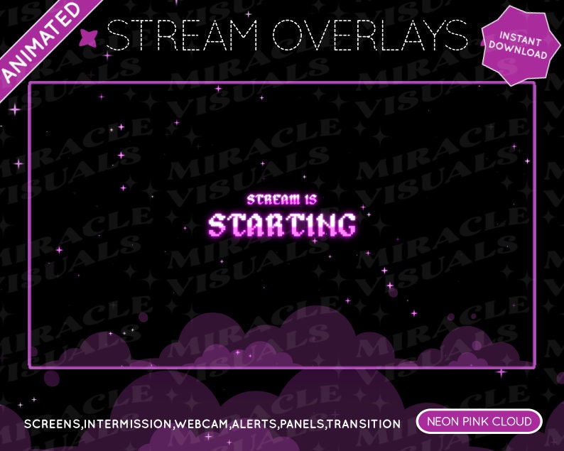 Animated Stream Package Neon Pink Cloud /twitch Overlay/4 X Animate ...