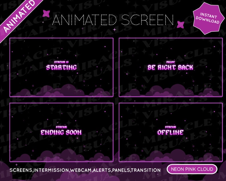 Animated Stream Package Neon Pink Cloud /twitch Overlay/4 X Animate Intermission /animated ...