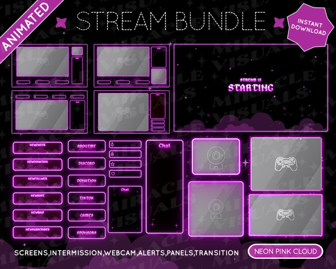 Animated Stream Package Neon Pink Cloud /twitch Overlay/4 X - Etsy