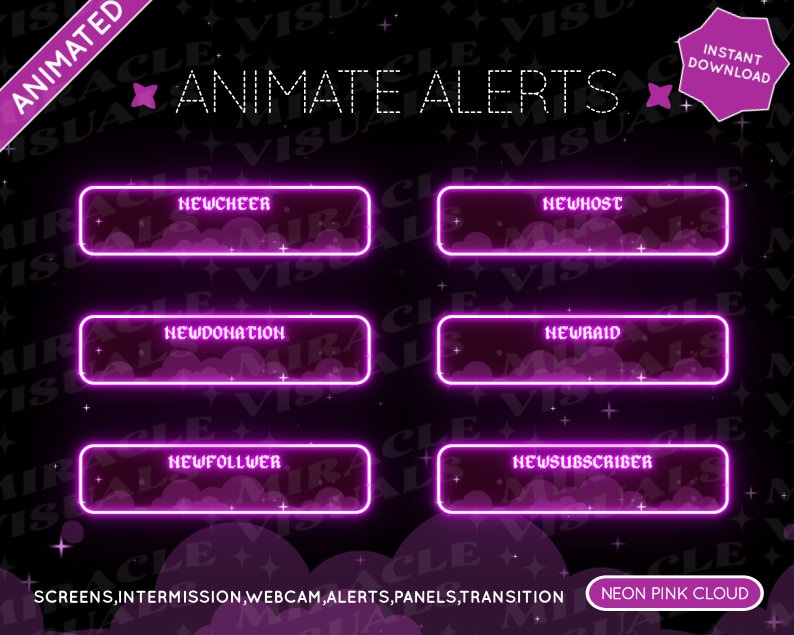 Animated Stream Package Neon Pink Cloud /twitch Overlay/4 X Animate ...