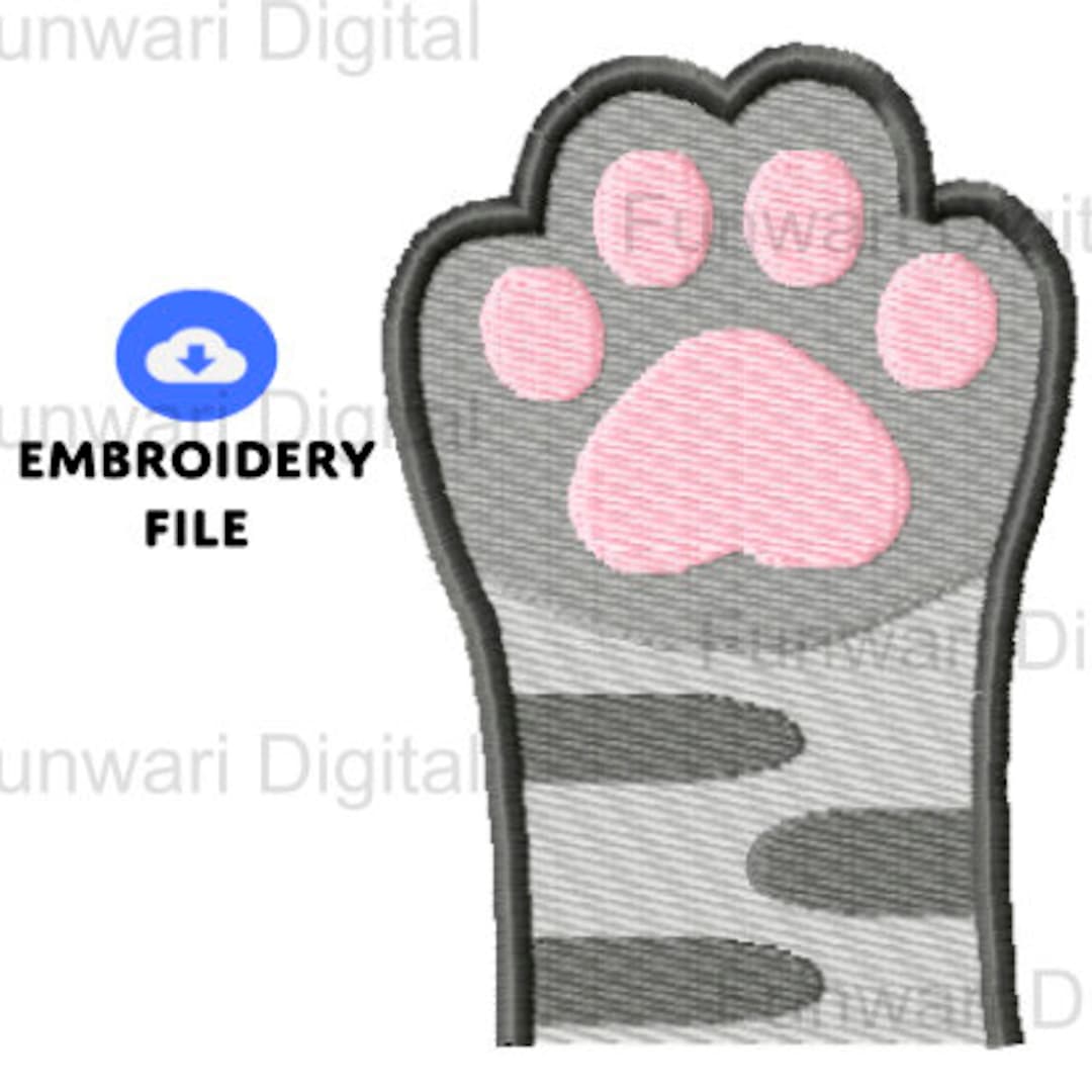 Grey Kawaii Cat Paw Embroidery File, Kitten Pet Cats Trendy Embroidery ...
