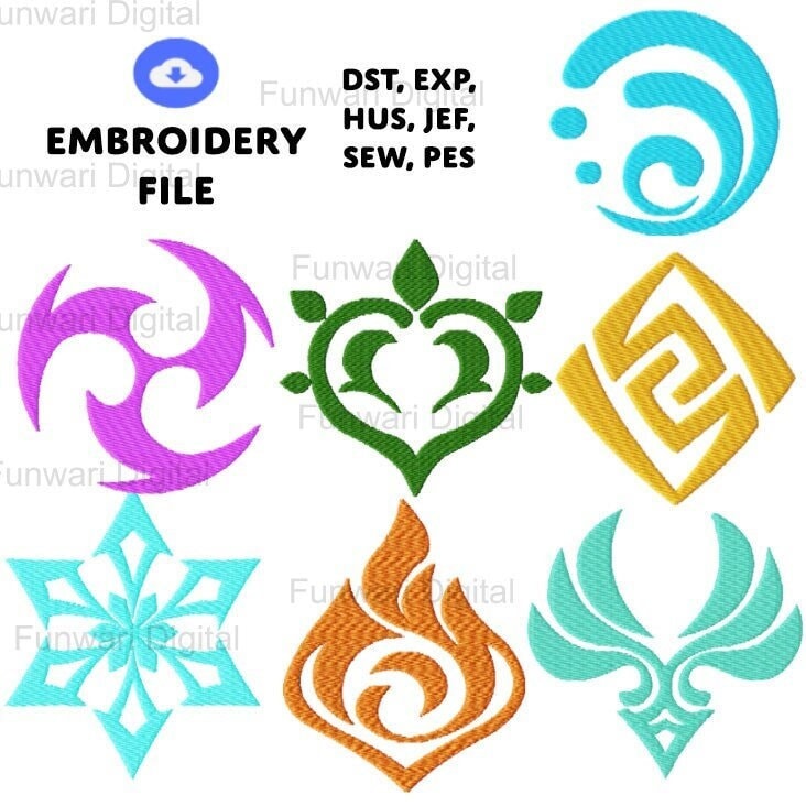 Genshin Impact Elements Embroidery File, Anemo Dendro Pyro Trendy Gamer ...