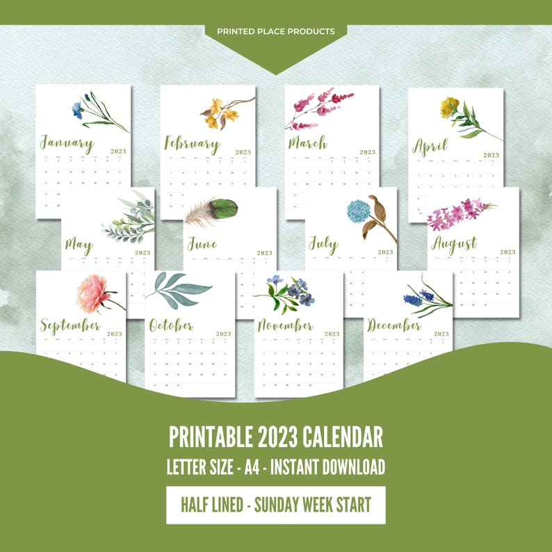 2023 Calendar Printable, Desk Calendar Monthly, Botanical Floral Wall ...