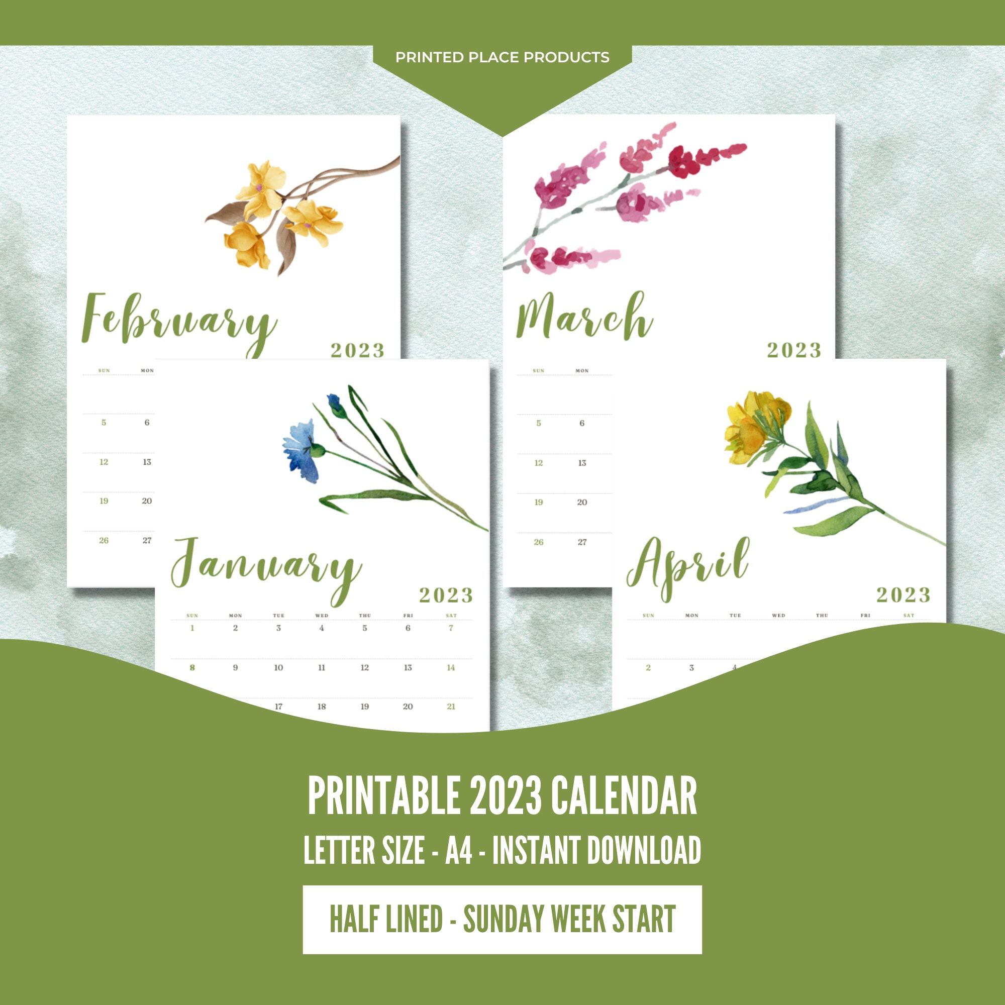 2023 Calendar Printable, Desk Calendar Monthly, Botanical Floral Wall ...