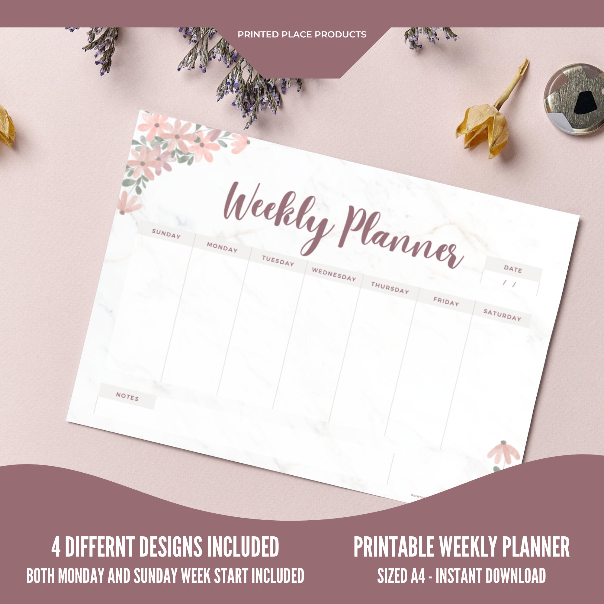 Weekly Planner Printable Landscape, Floral Marble Weekly Schedule ...