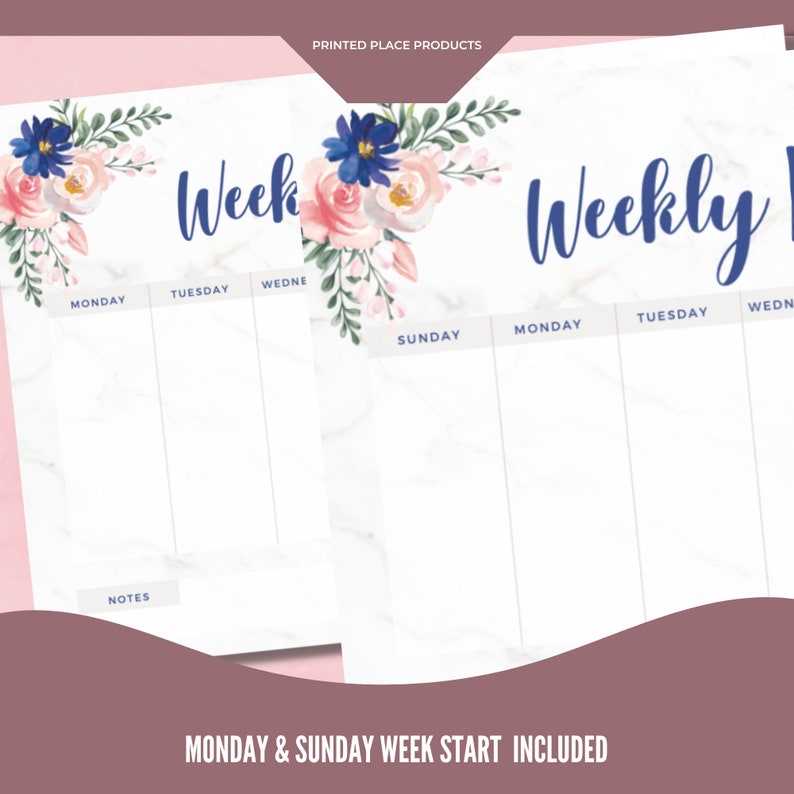 Weekly Planner Printable Landscape, Floral Marble Weekly Schedule ...