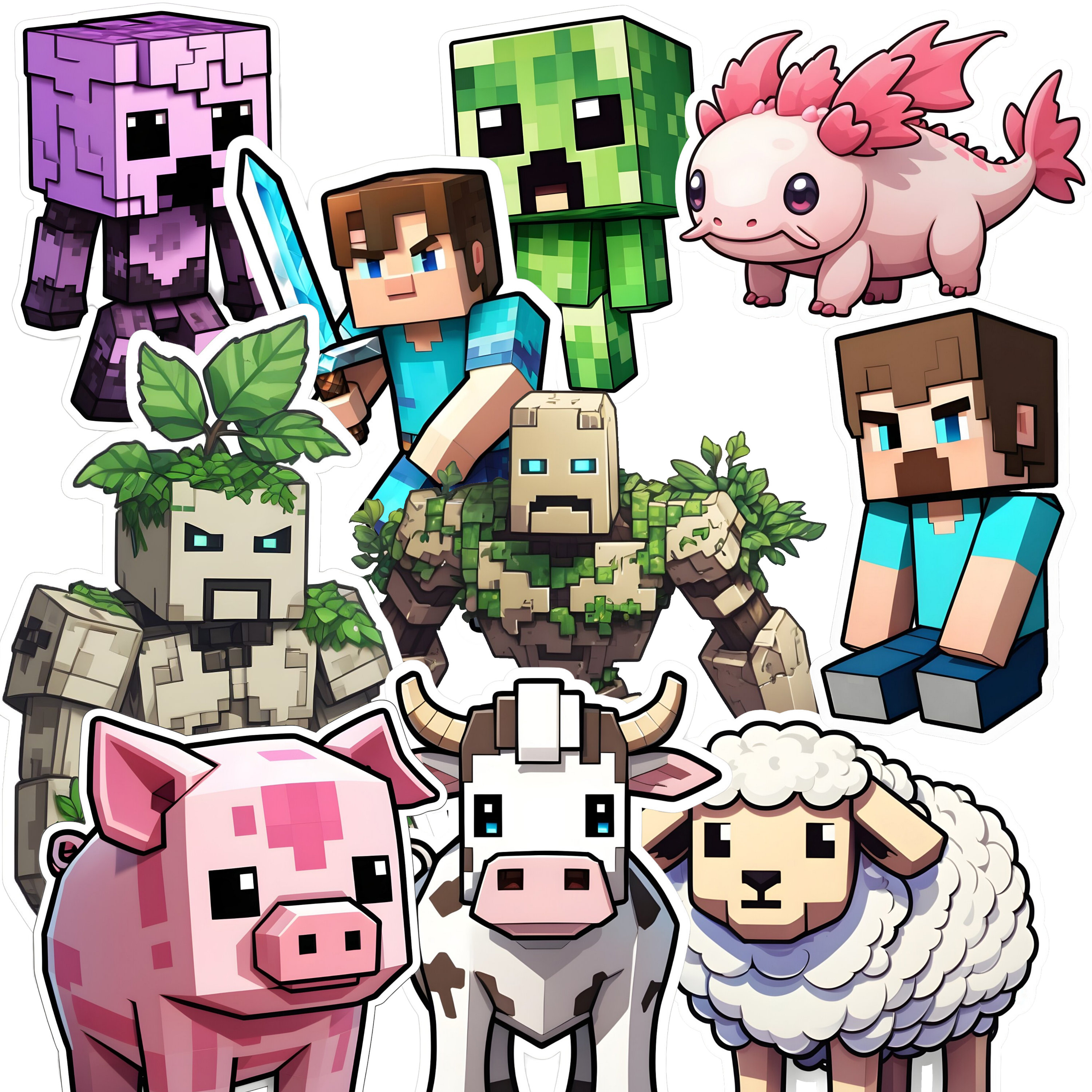 Cute Minecraft PNG, Minecraft Stickers, Axolotl, Steve, Creeper, Elder ...