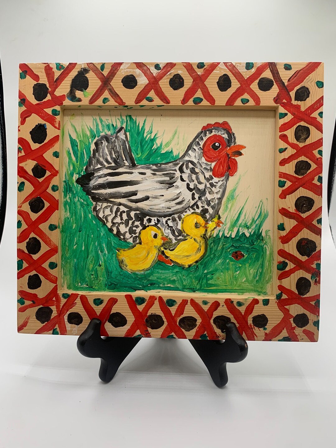 Primitive Art Hen & Chicks Chicken Wood Framed Painting - Rustic - Etsy