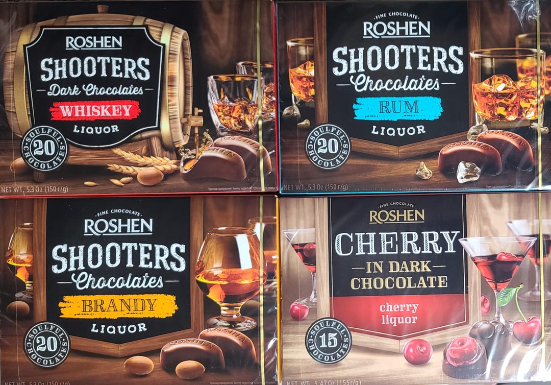 Roshen Chocolate *SHOOTERS* With Rum Whiskey Cherry Brandy 4 Box X 150g ...