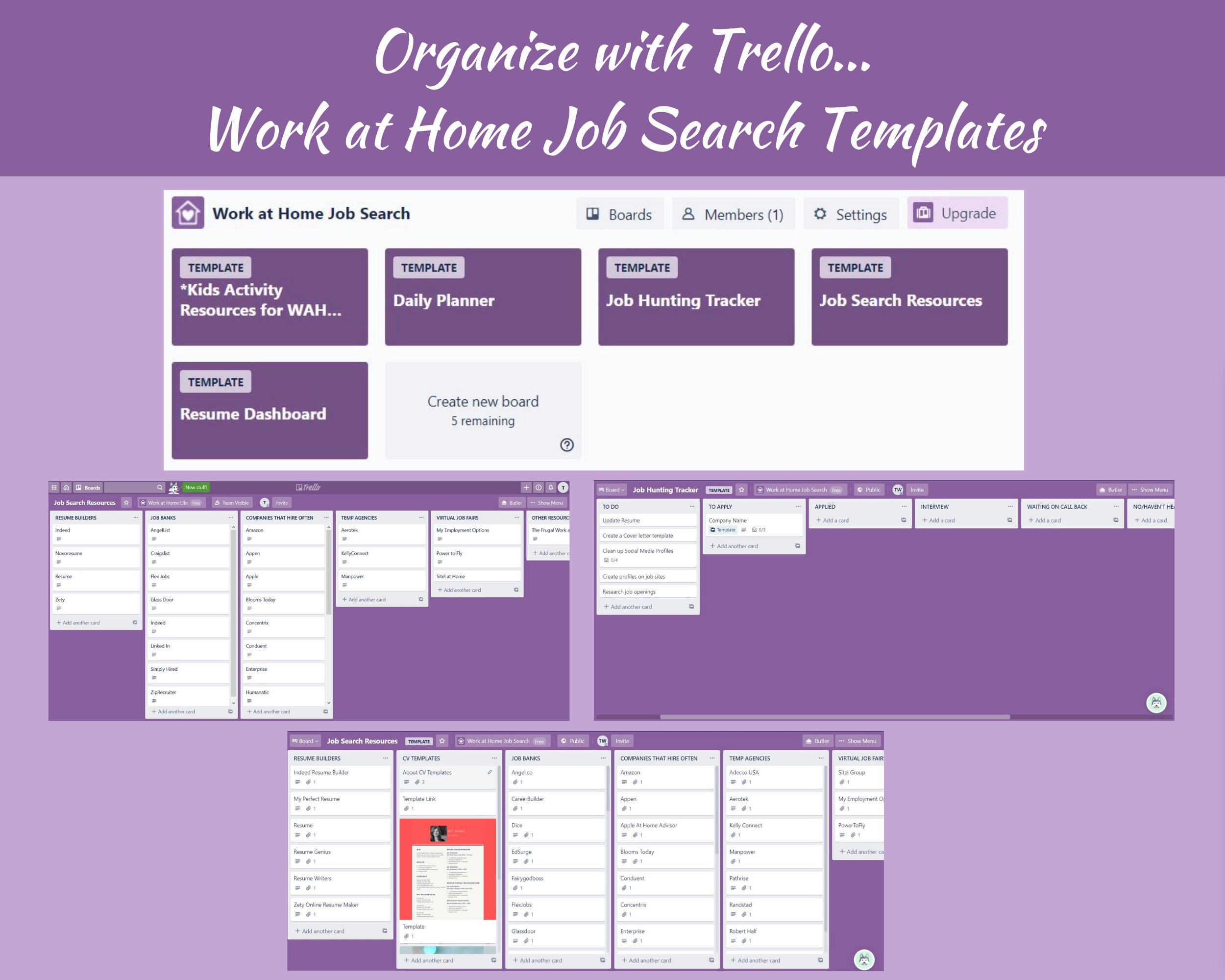 Organize With Trello... Work at Home Job Search Templates - Etsy