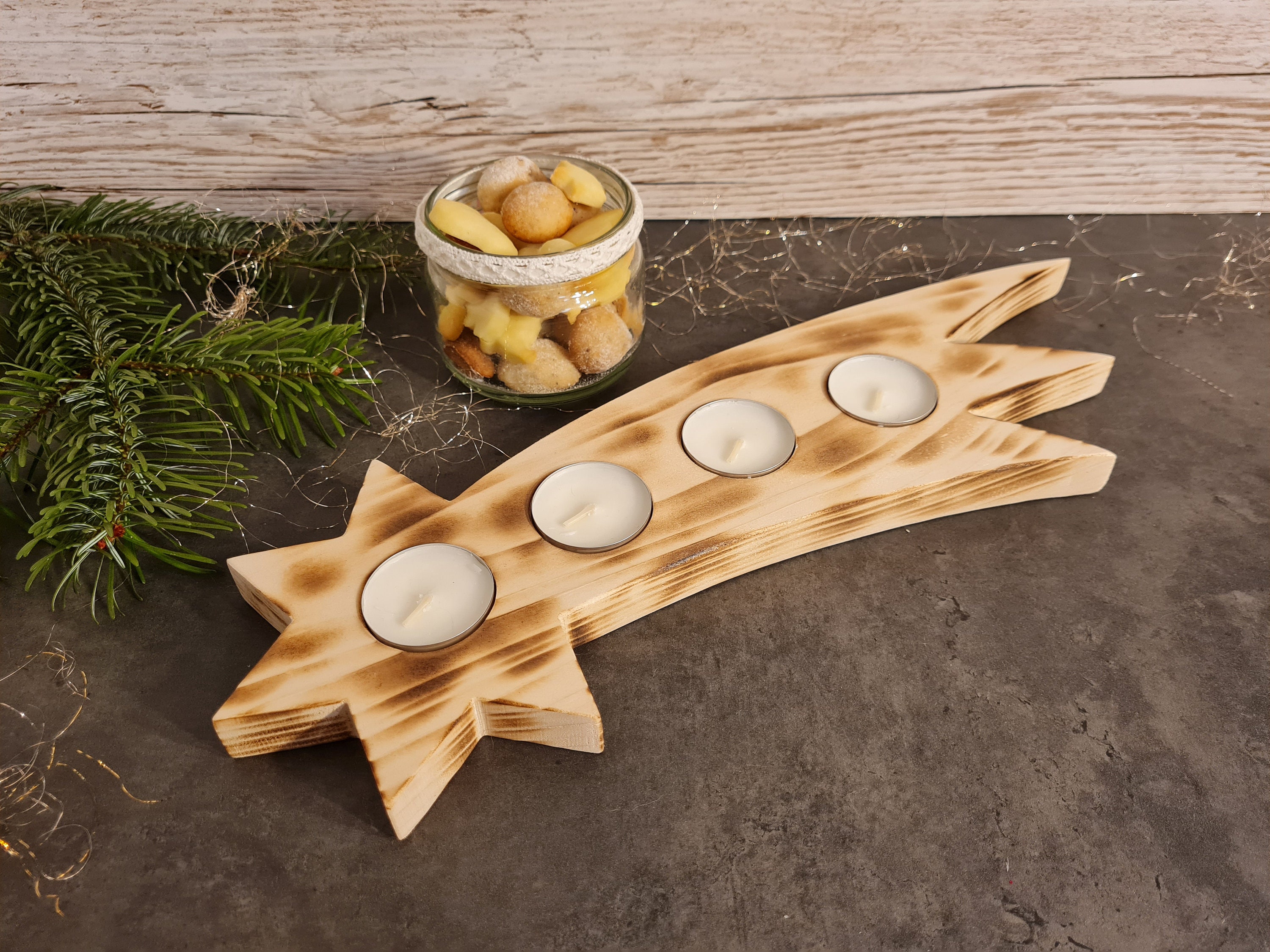 Teelichthalter aus Holz; Sternschnuppe; Adventskranz; Deko für Weihnachten; Tischdeko ...