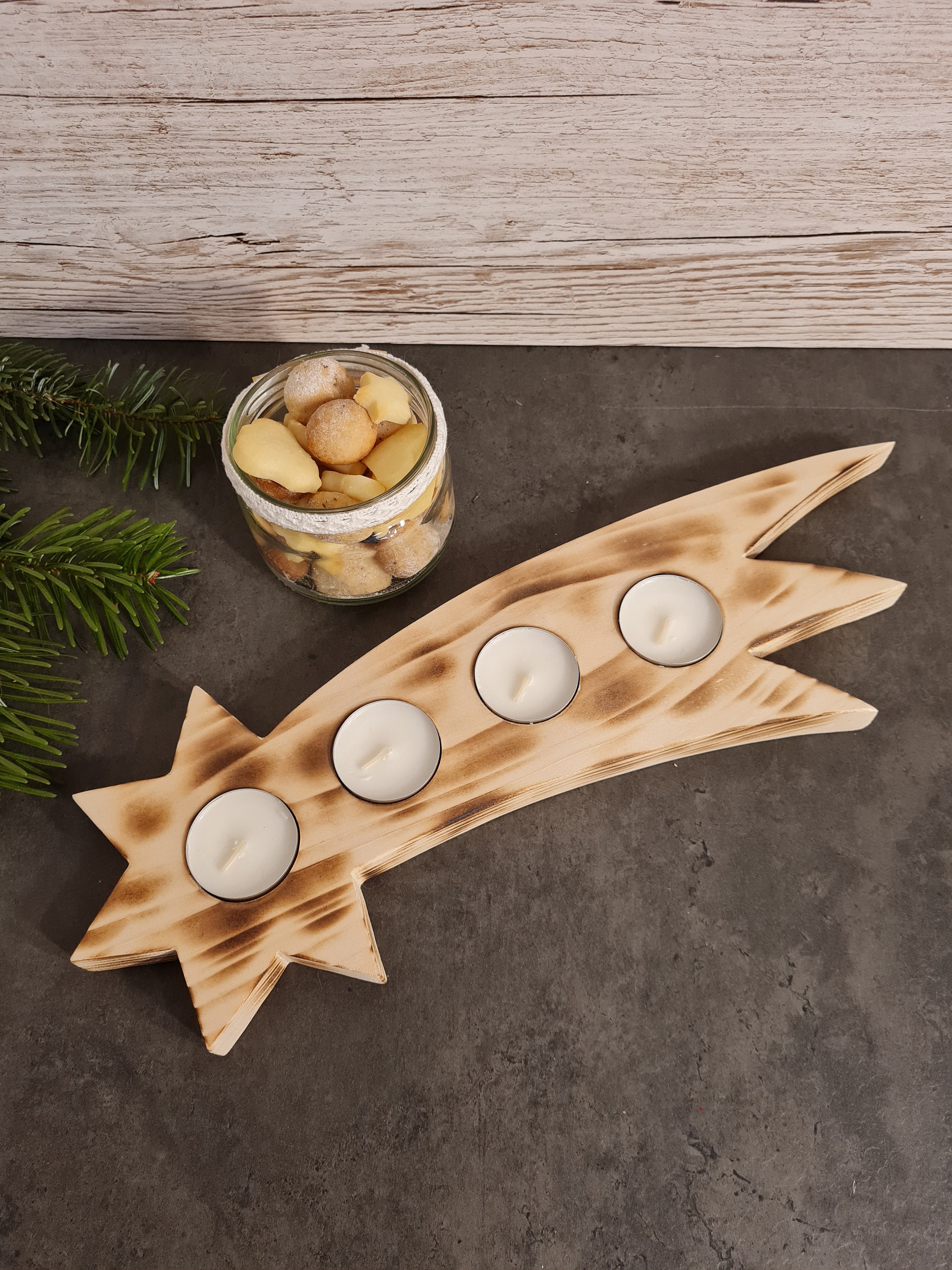 Teelichthalter aus Holz; Sternschnuppe; Adventskranz; Deko für Weihnachten; Tischdeko ...
