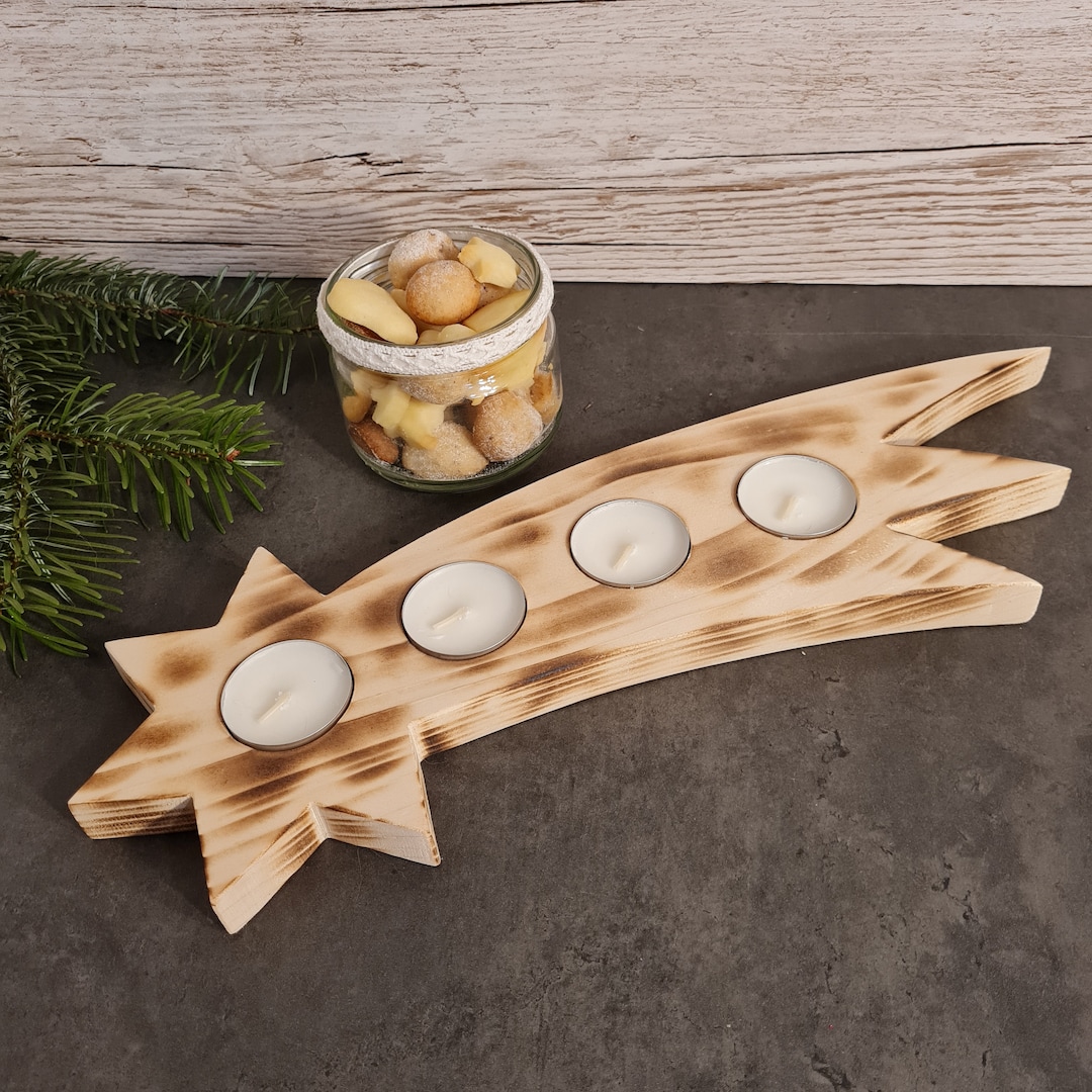 Teelichthalter aus Holz; Sternschnuppe; Adventskranz; Deko für Weihnachten; Tischdeko ...