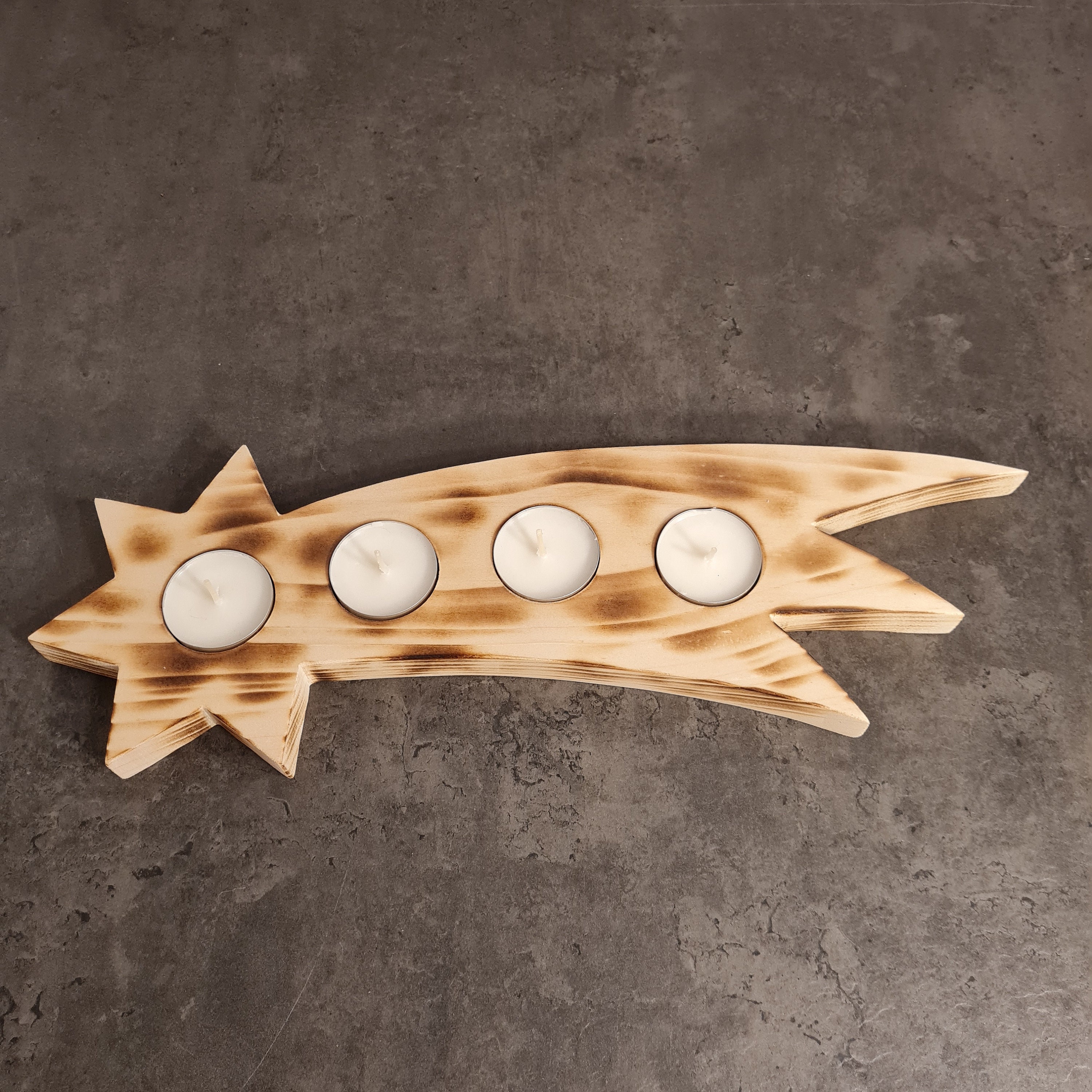 Teelichthalter aus Holz; Sternschnuppe; Adventskranz; Deko für Weihnachten; Tischdeko ...