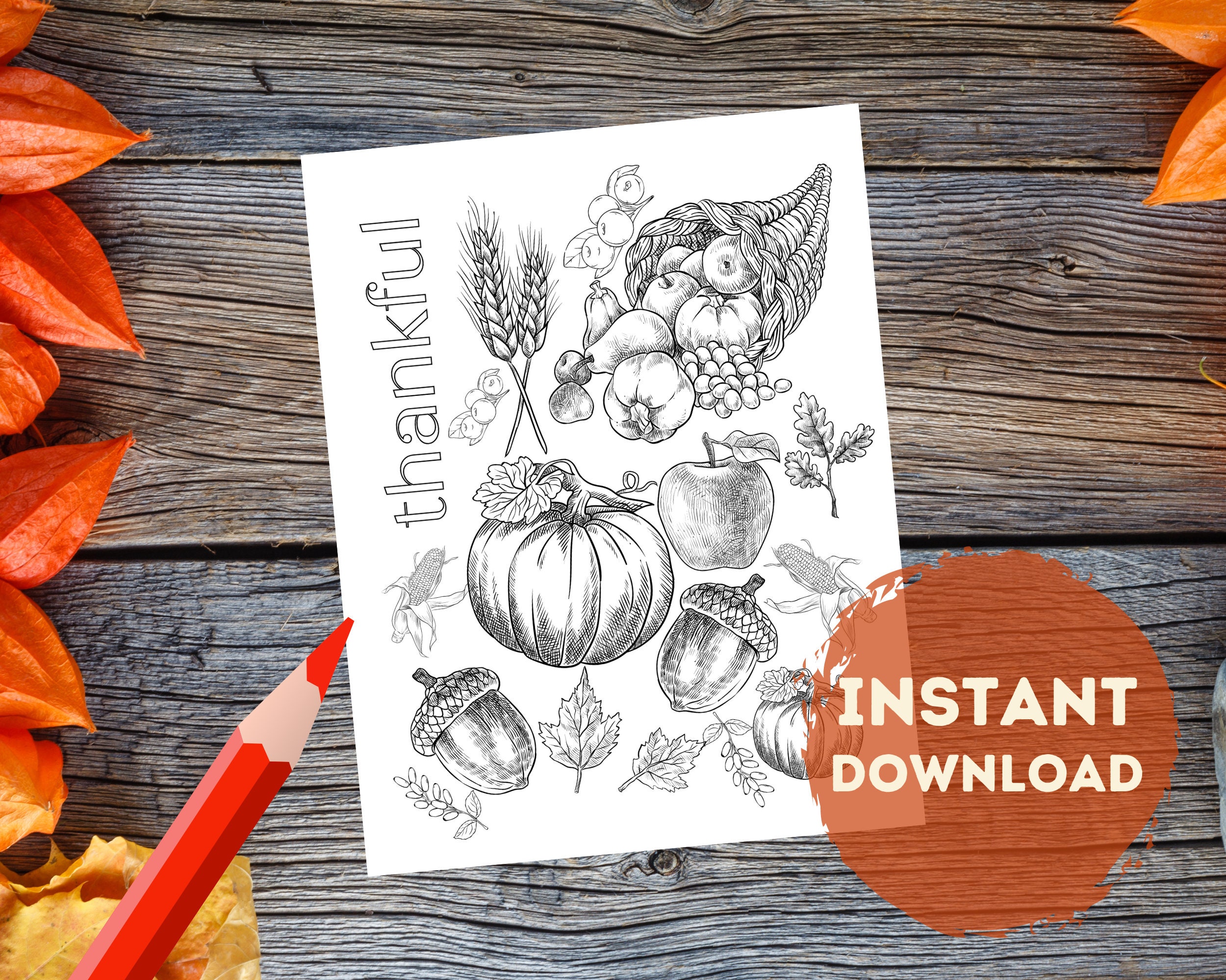 Thankful Thanksgiving Coloring Page Autumn Coloring Page for Kids ...