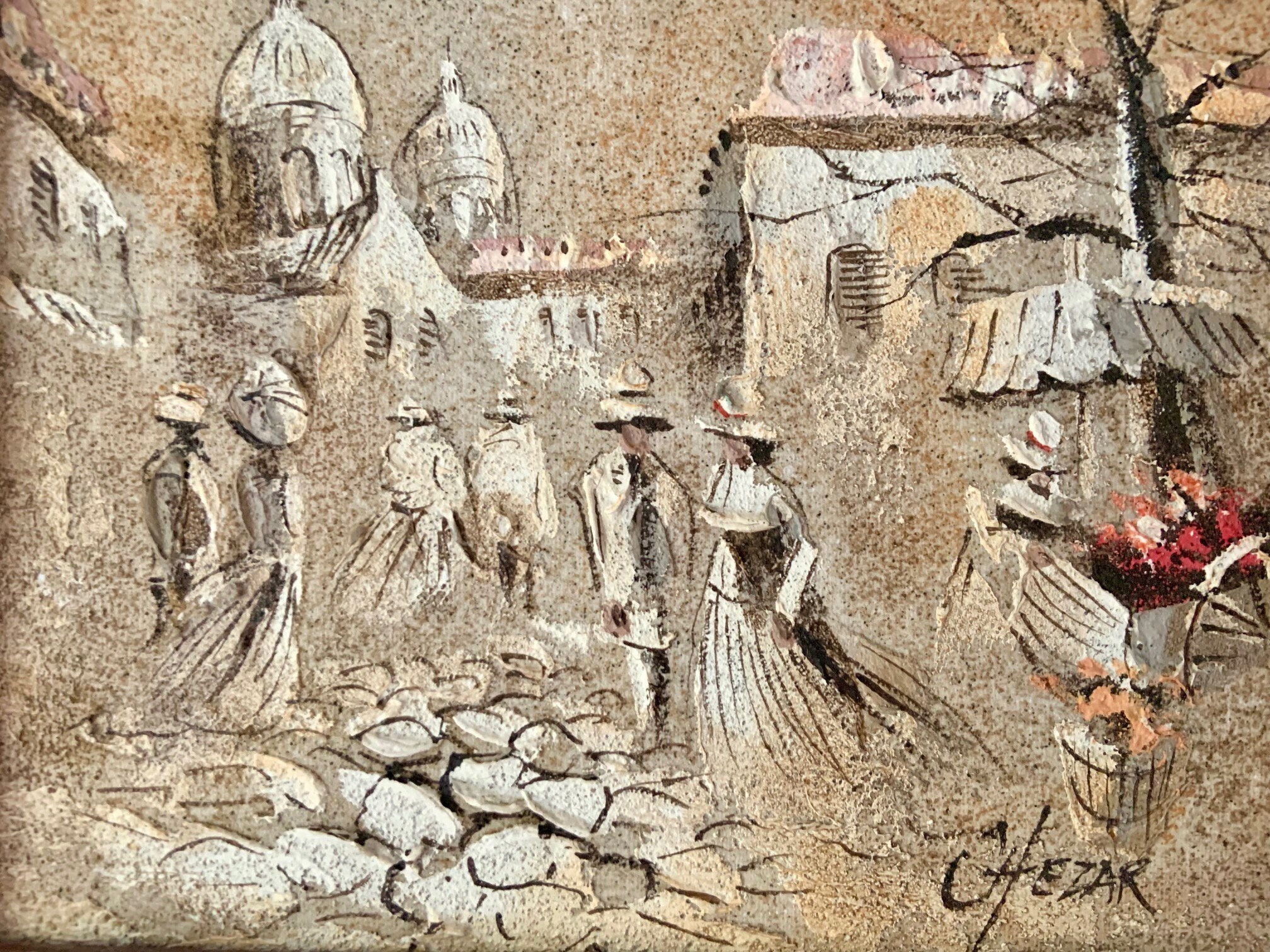 Signed Original Boris Chezar Oil & Sand Painting of French Market Town ...