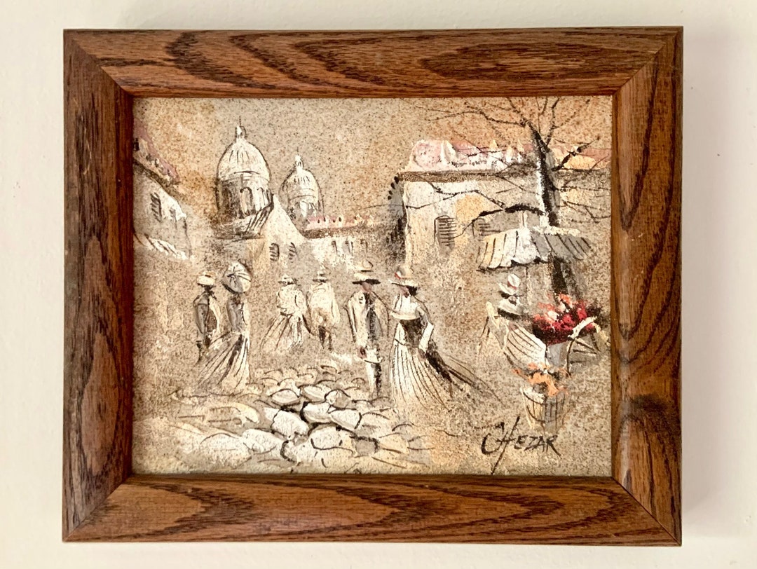 Signed Small Original Boris Chezar Oil & Sand Painting of French Market ...