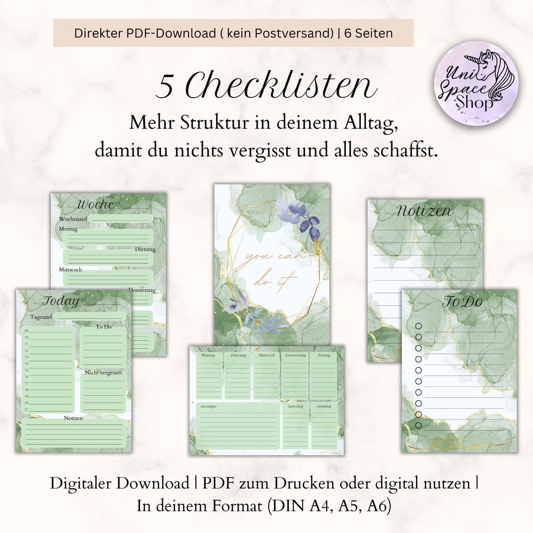 IMMEDIATELY DOWNLOAD Planners and Checklists German Green Din A4 & A5 ...