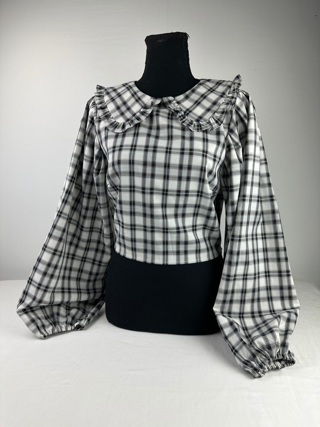 Prairie Homestead Cottage Plaid Blouse Black and White Top Peter Pan ...