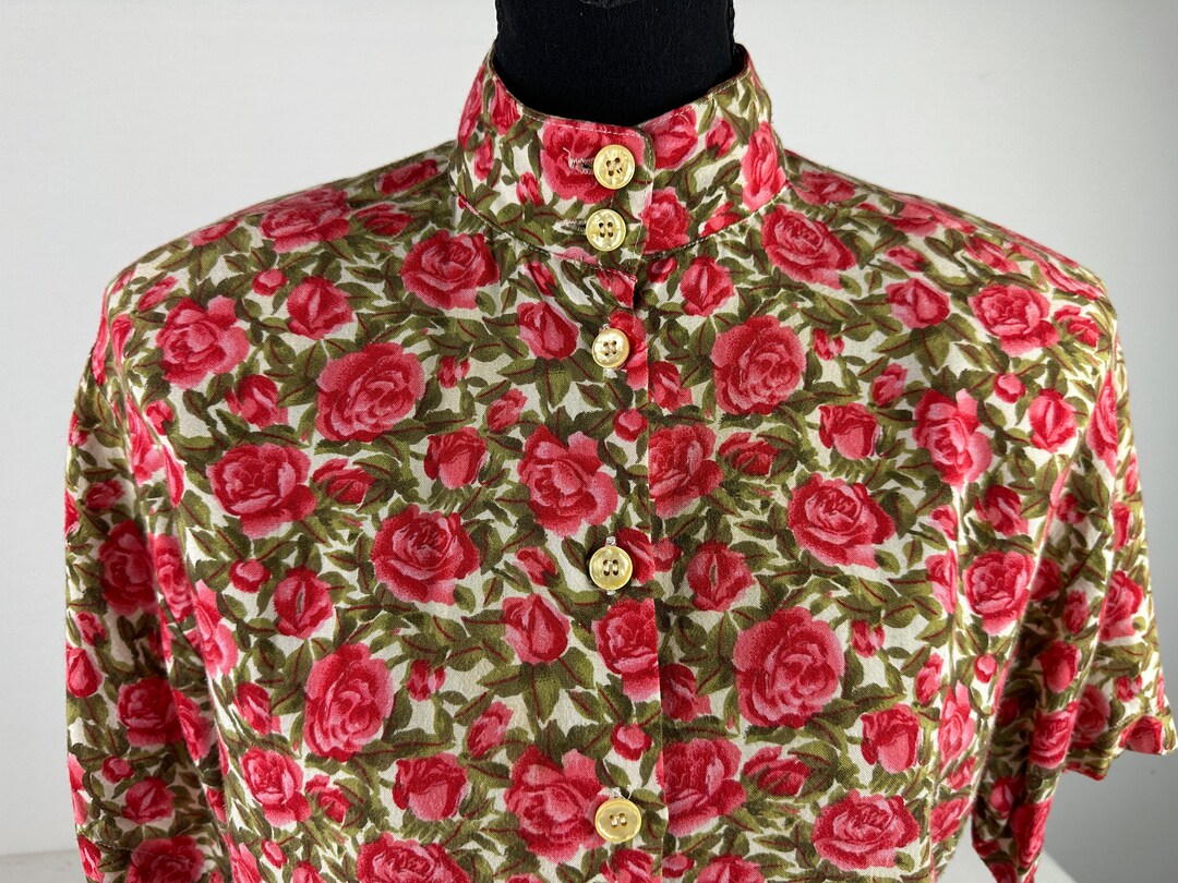 90's Rose Floral Print Rayon Blouse Vintage - Etsy