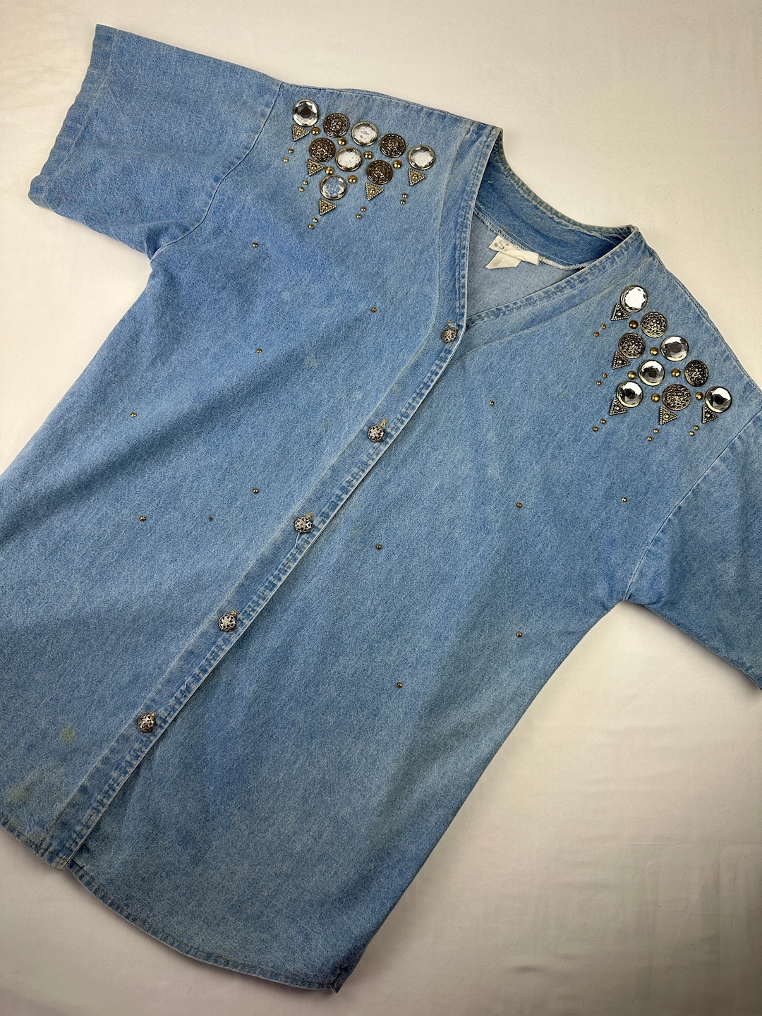 80's Bedazzled Stud Rhinestone Glam Denim Shirt Dress - Etsy