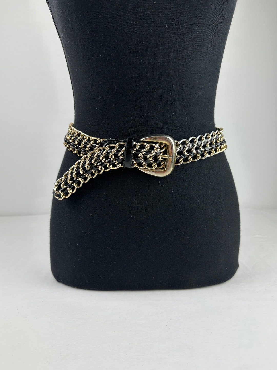 90's Chain Patent Leather Belt Vintage Gold Black Braided - Etsy