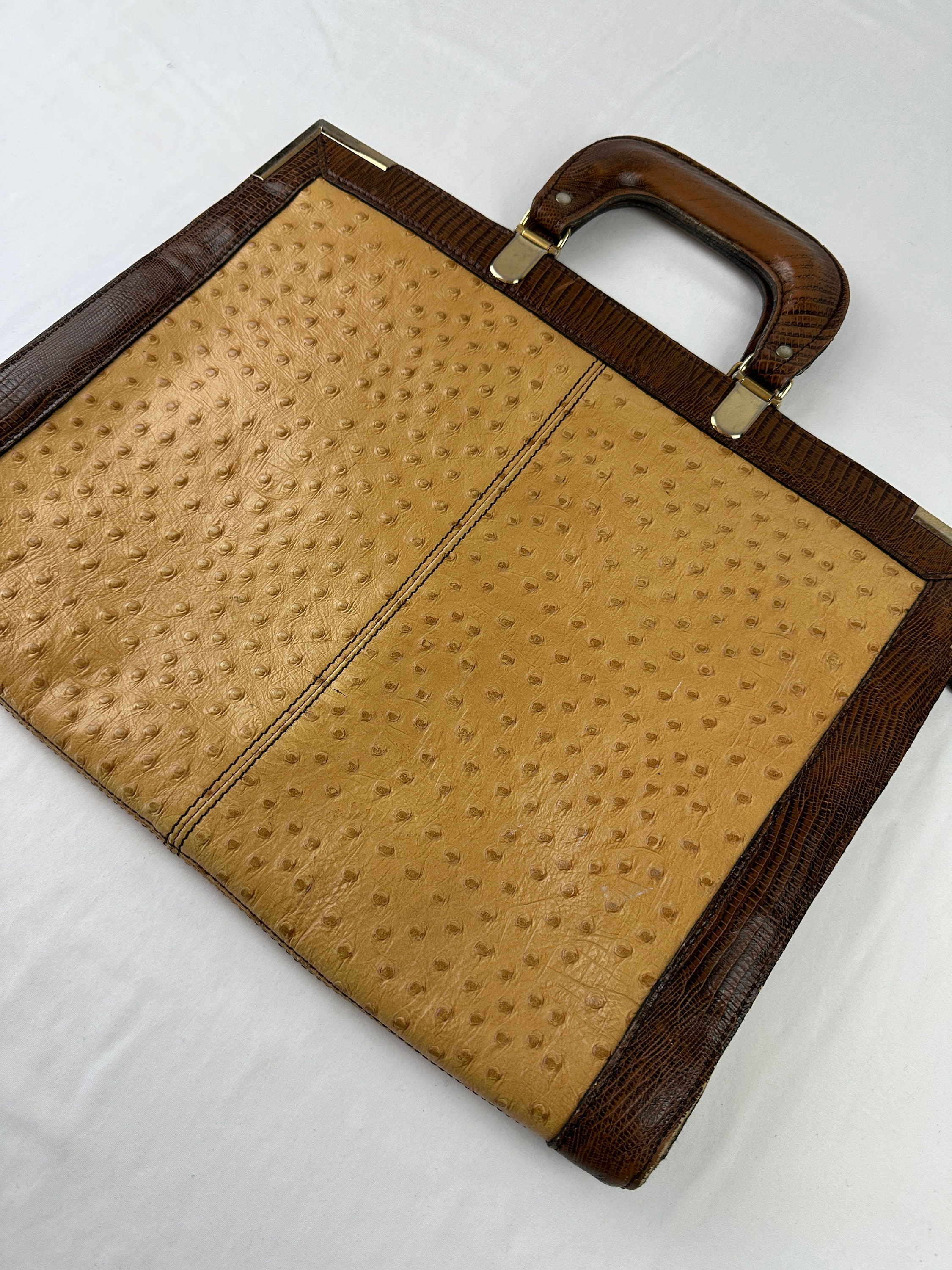 80's C&C Ostrich Leather Portfolio Briefcase Vintage Brown Laptop Bag ...