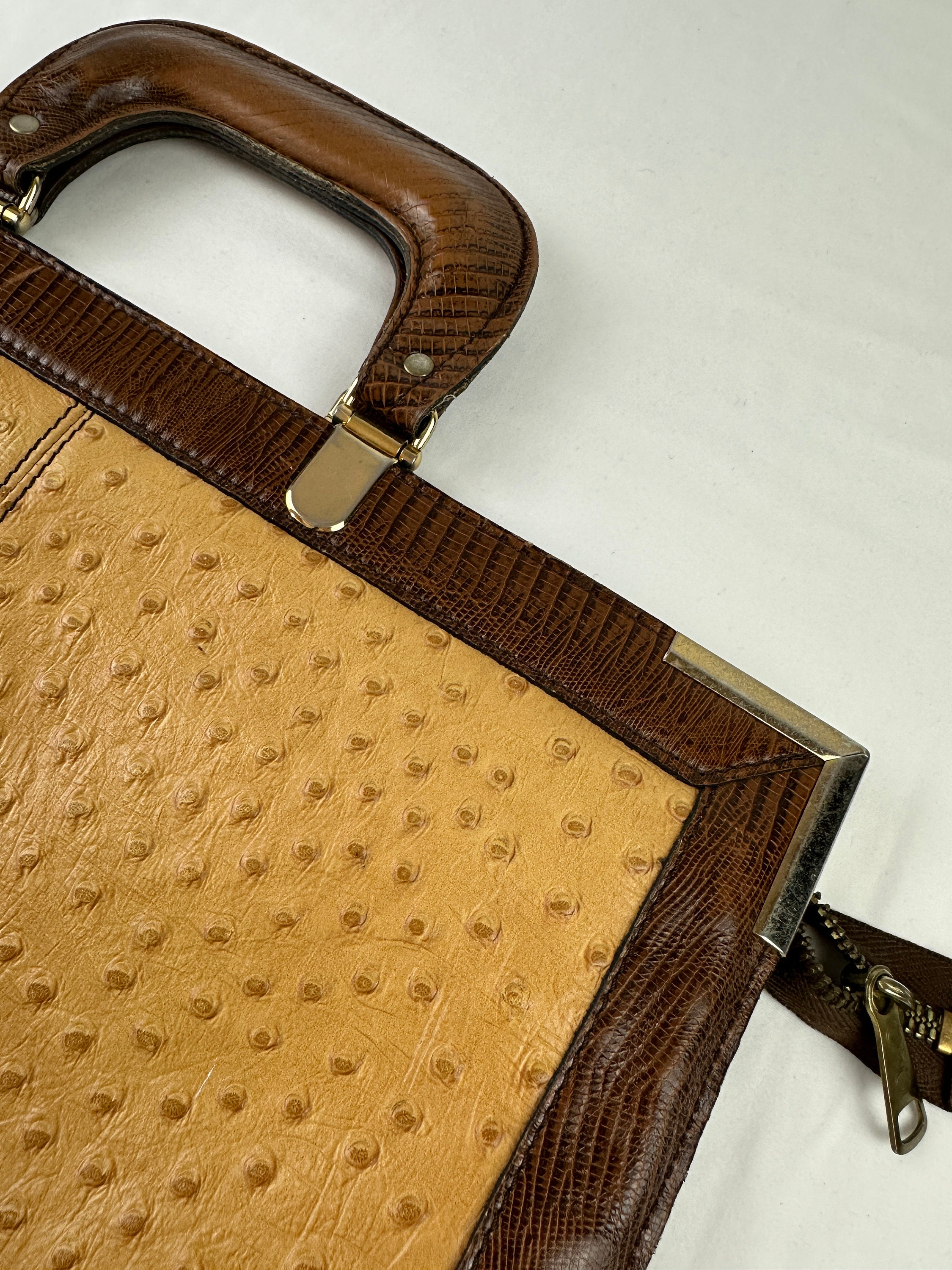 80's C&C Ostrich Leather Portfolio Briefcase Vintage Brown Laptop Bag ...