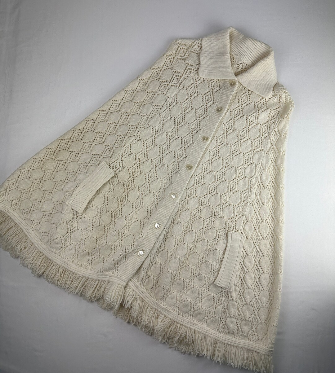 70's Cream Poncho Hand Knit Crotched Cape Shawl Vintage Cottage Core ...
