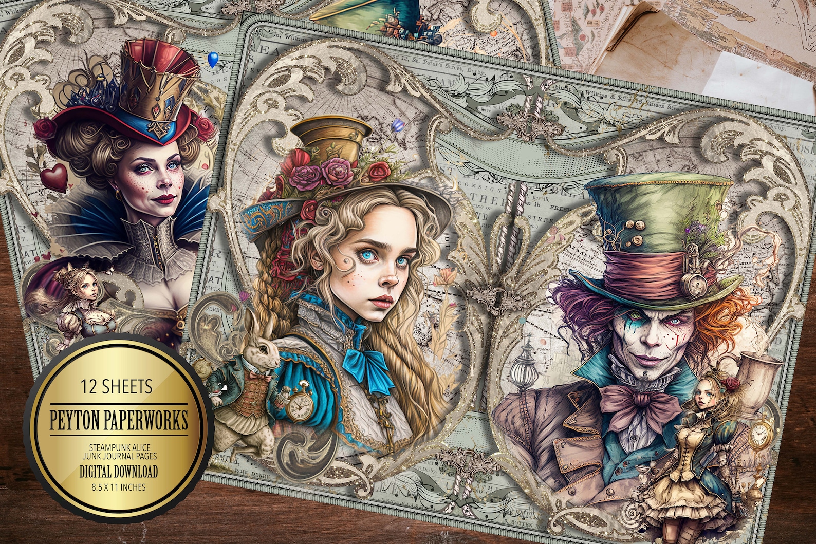 Steampunk Alice in Wonderland Junk Journal Pages, Printable Ephemera ...
