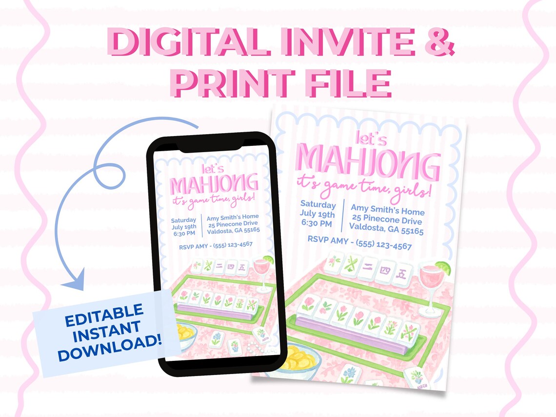 Editable Mahjong Party Invitation, Canva Template Instant Download ...