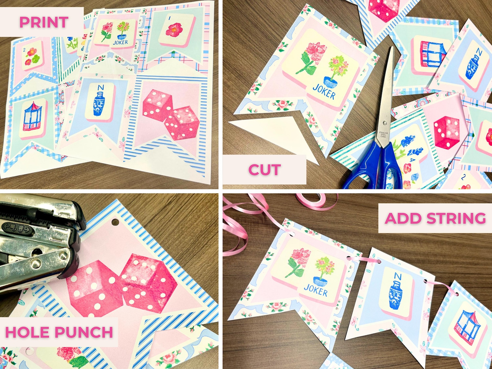 Printable Mahjong Party Banner, Retro Pink Floral Mahjong Garland ...