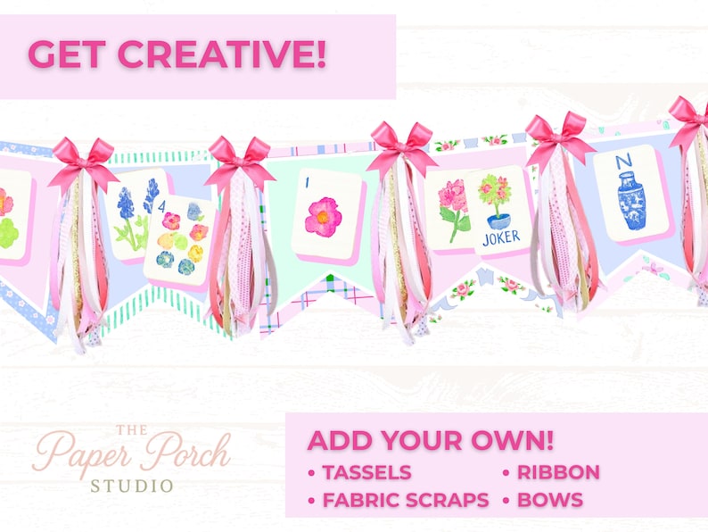 Printable Mahjong Party Banner, Retro Pink Floral Mahjong Garland ...
