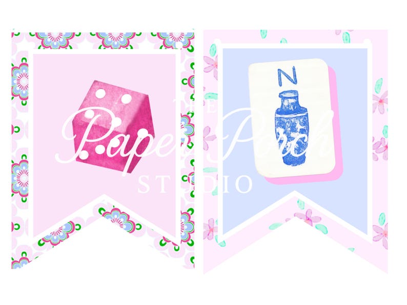 Printable Mahjong Party Banner, Retro Pink Floral Mahjong Garland ...