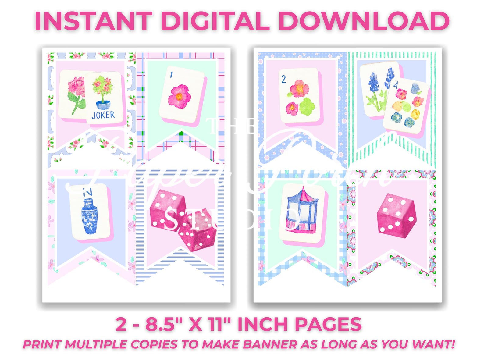 Printable Mahjong Party Banner, Retro Pink Floral Mahjong Garland ...