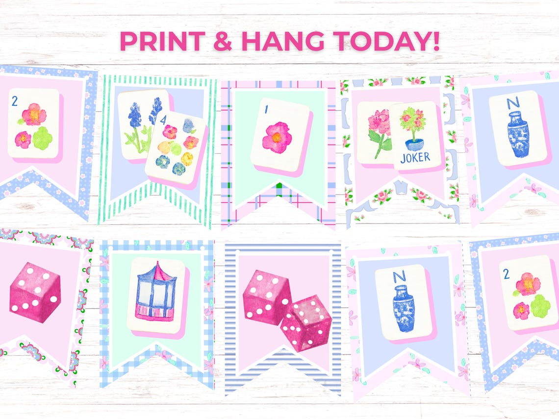 Printable Mahjong Party Banner, Retro Pink Floral Mahjong Garland ...