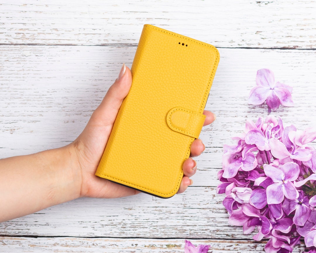 Yellow Leather iPhone 14 Case, Apple Wallet Case, Magnetic Detachable ...