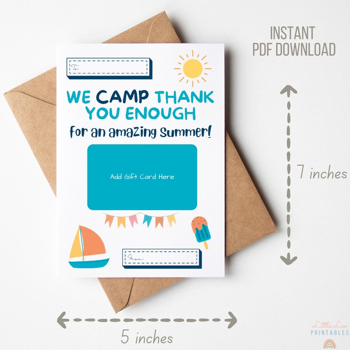 Camp Counselor Thank You Card, Printable Gift Card Holder, Summer Camp ...