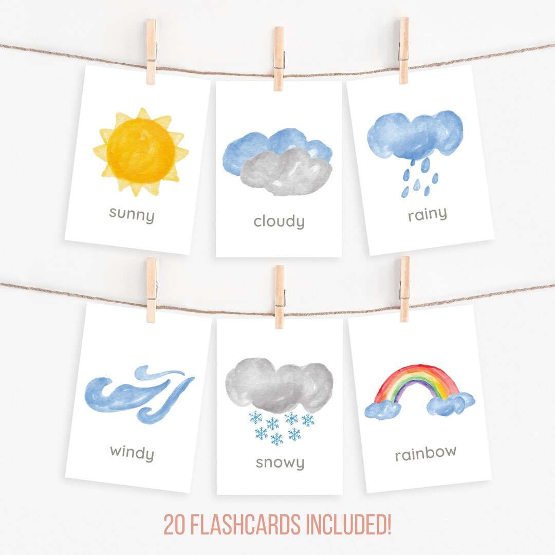 Weather Flashcards, Montessori Toddler Materials, Watercolor Weather ...