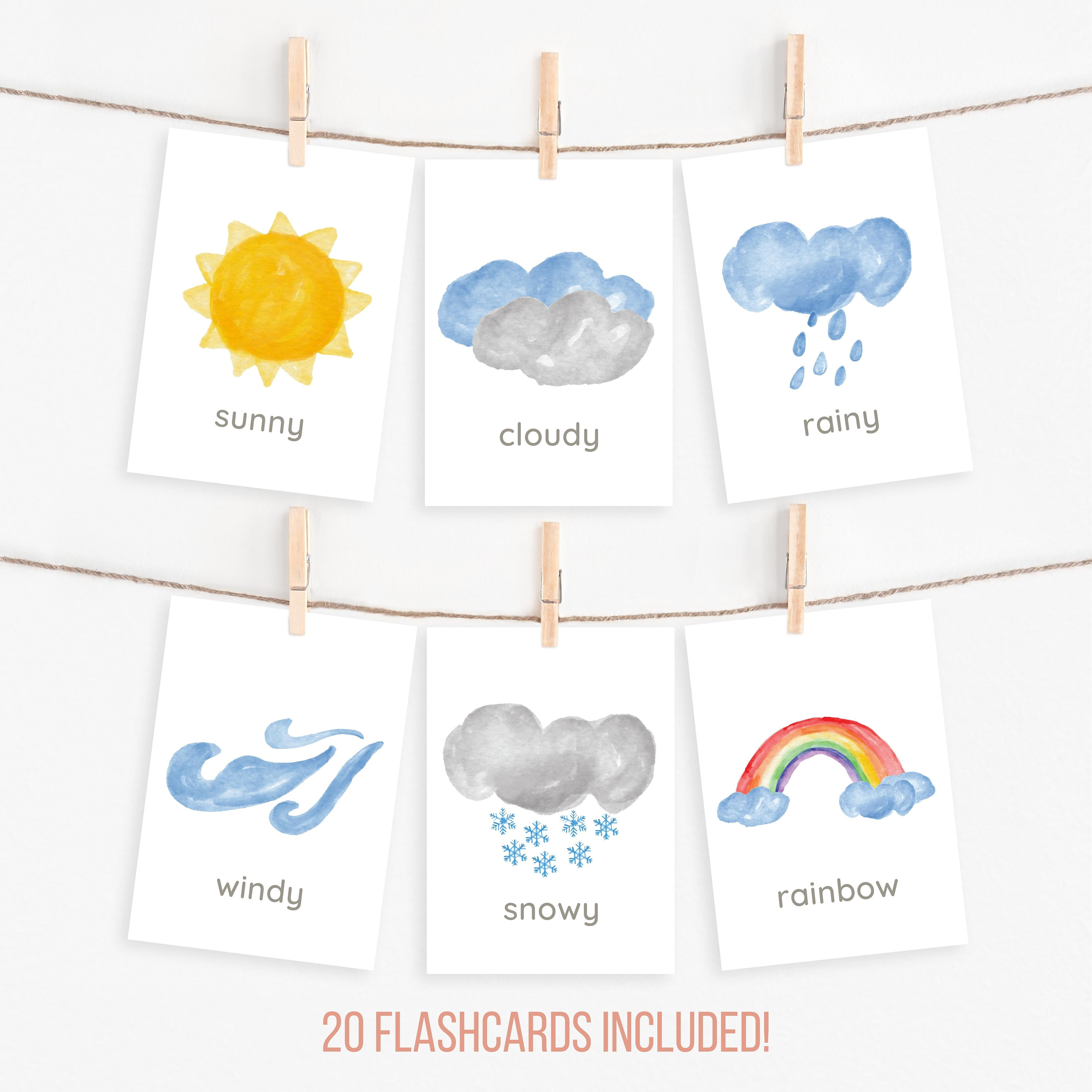 Weather Flashcards, Montessori Toddler Materials, Watercolor Weather ...
