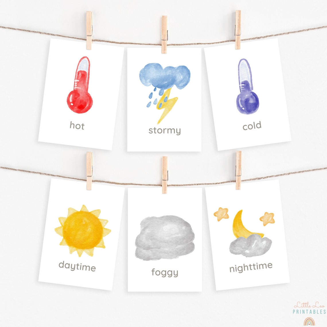 Weather Flashcards, Montessori Toddler Materials, Watercolor Weather ...