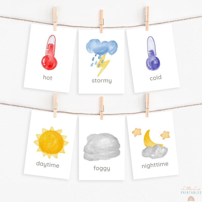 Weather Flashcards, Montessori Toddler Materials, Watercolor Weather ...