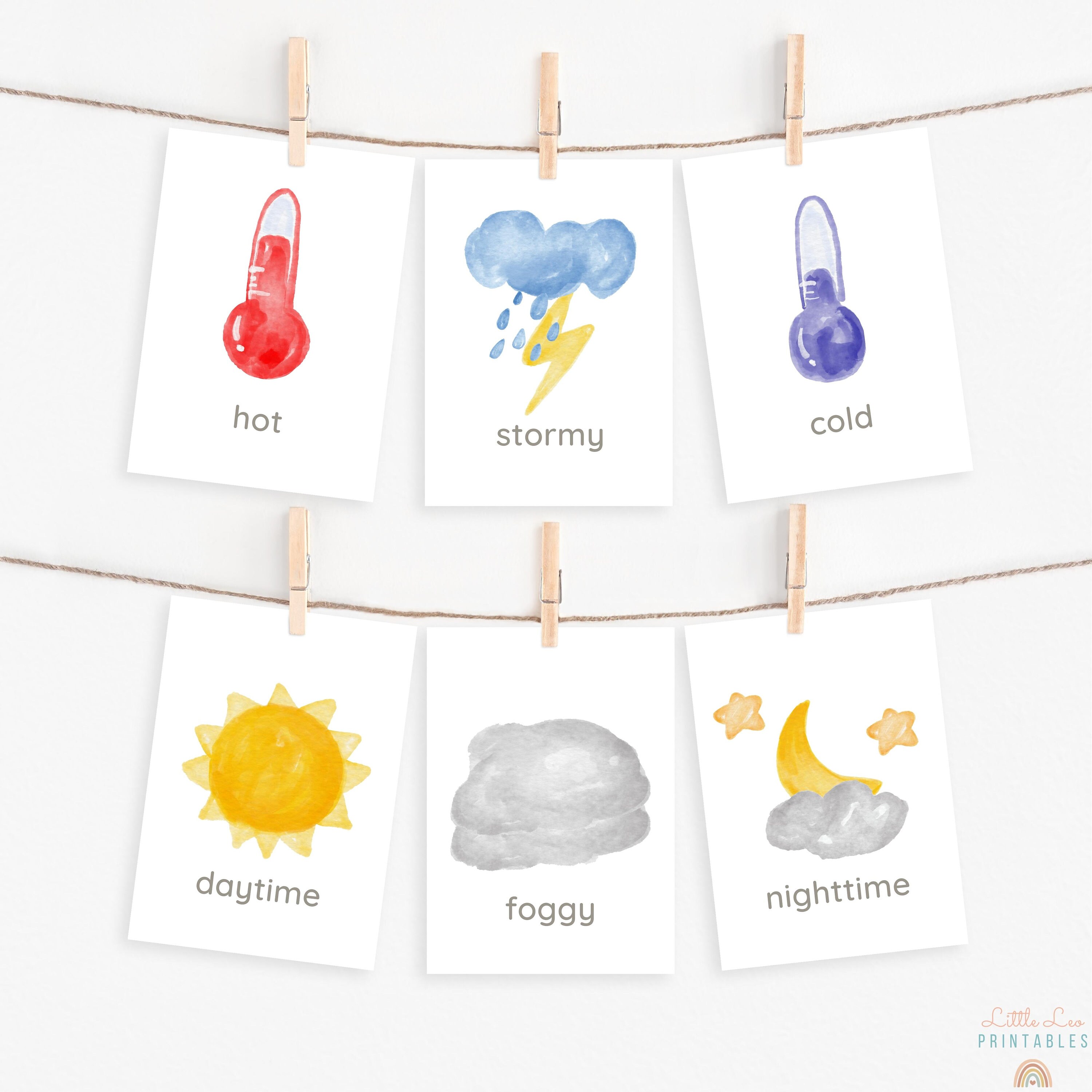 Weather Flashcards, Montessori Toddler Materials, Watercolor Weather ...