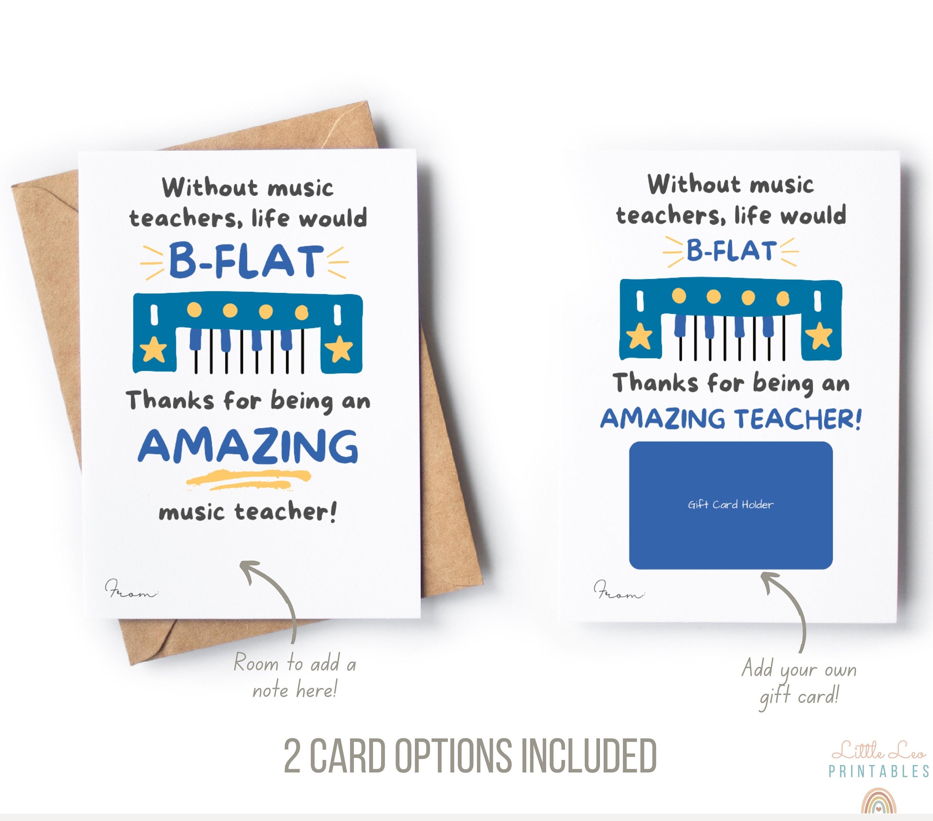 Music Teacher Thank You Card, Gift Card Holder Printable, Single-sided ...