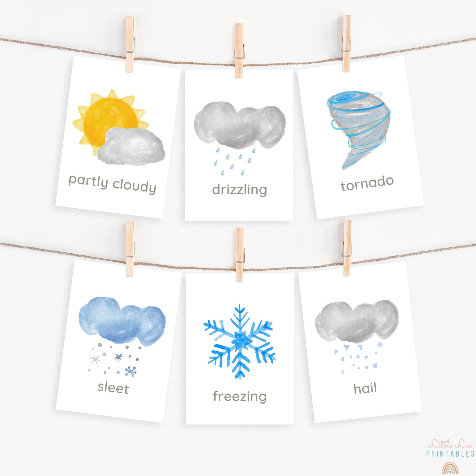 Weather Flashcards, Montessori Toddler Materials, Watercolor Weather ...