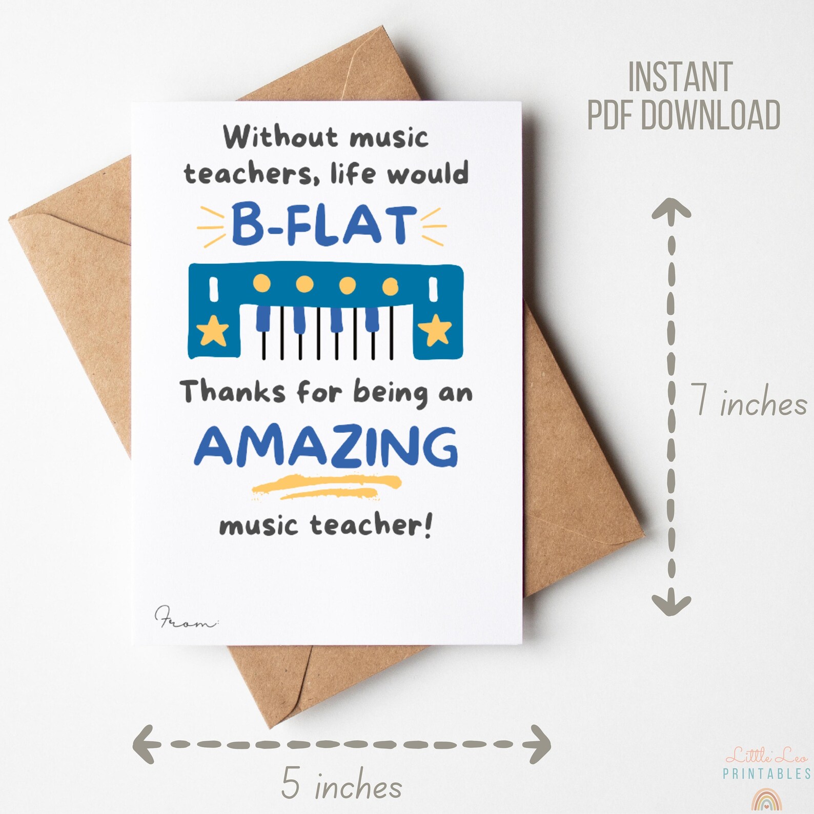 Music Teacher Thank You Card, Gift Card Holder Printable, Single-sided ...