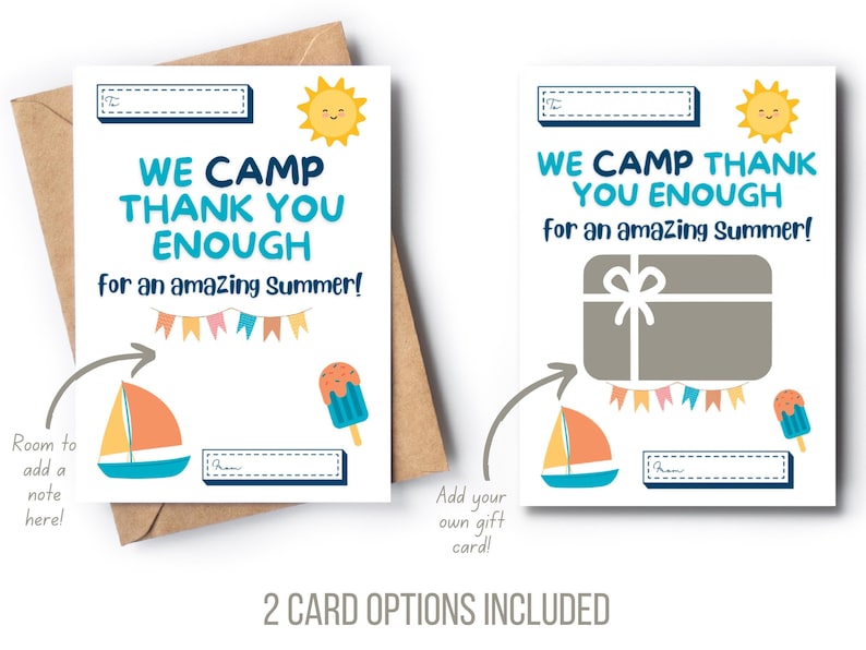 Camp Counselor Thank You Card, Printable Gift Card Holder, Summer Camp ...