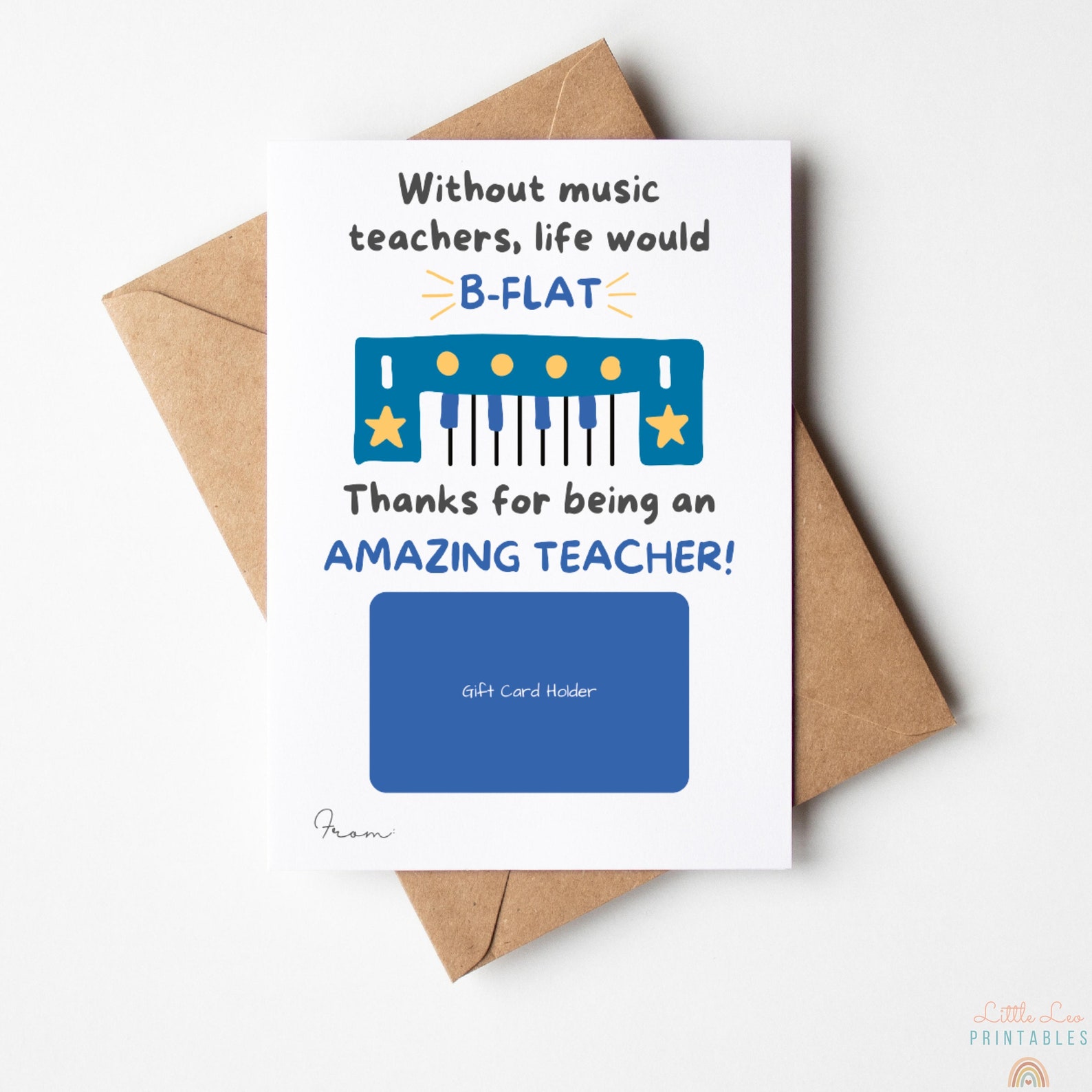 Music Teacher Thank You Card, Gift Card Holder Printable, Single-sided ...
